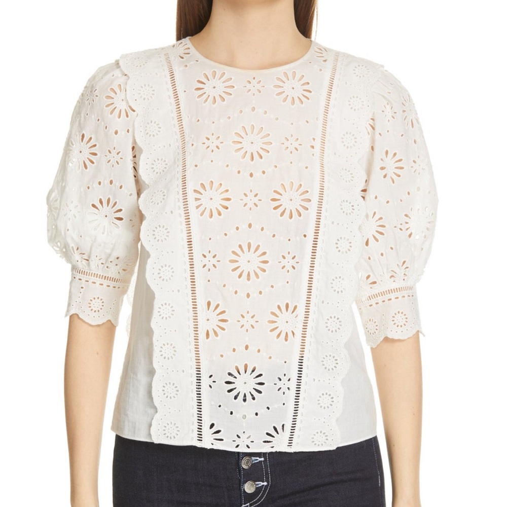 Veronica Beard Gale White Eyelet Lace Ruffle Blouse S… - Gem